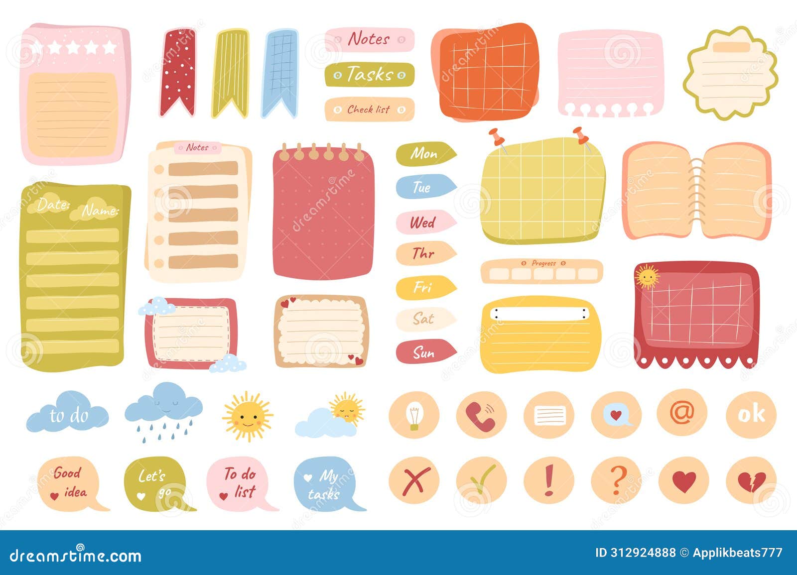 Cute Sticky Notes Mega Set in Flat Design. Bundle Elements of Stickers ...
