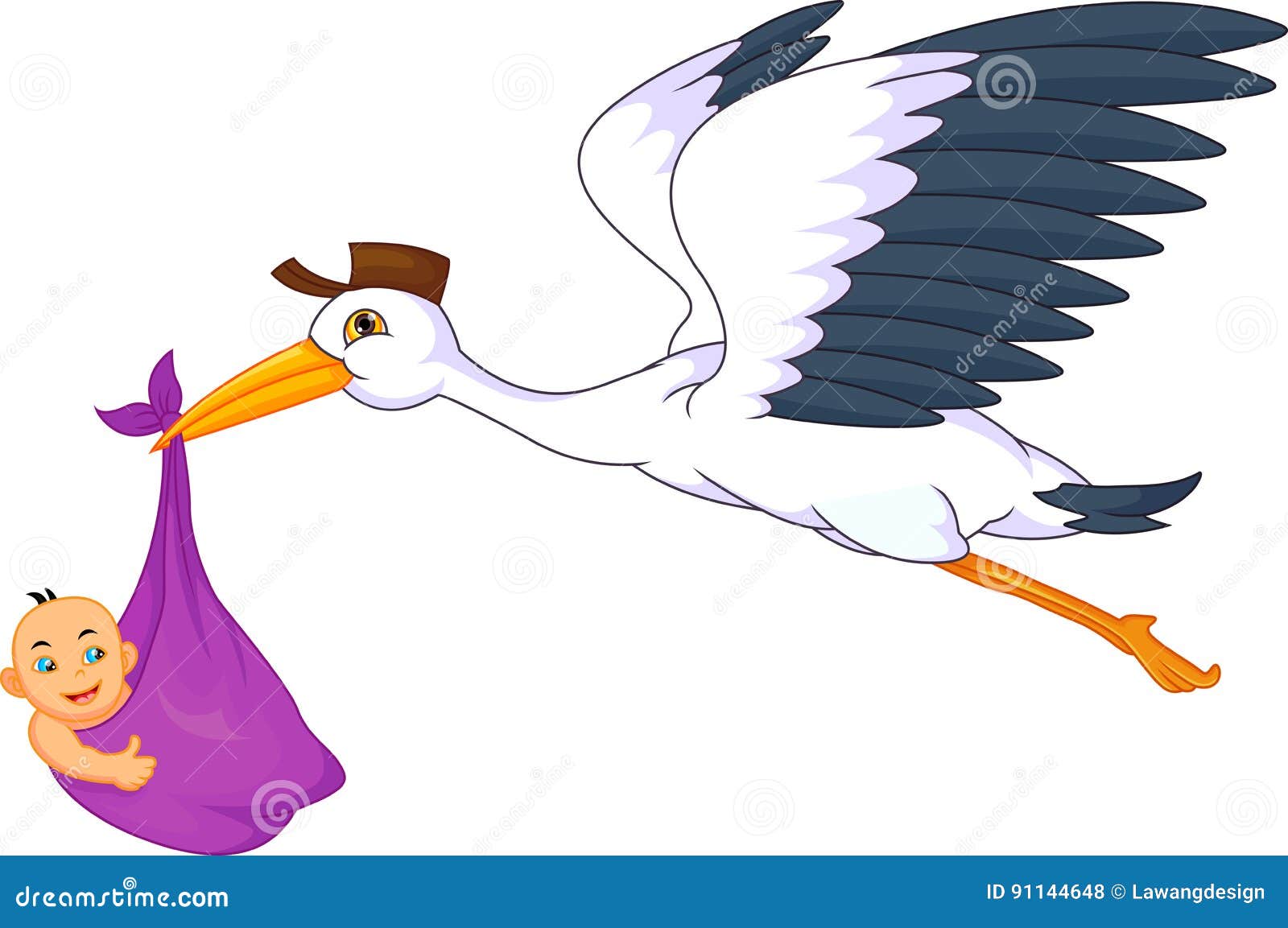 Cute stork carrying baby stock vector. Illustration of cute - 91144648