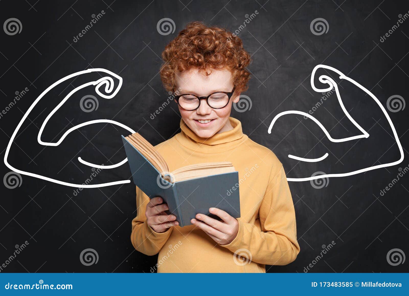 Strong Little Confident Child Showing Bicep Muscles. Funny Curly ...