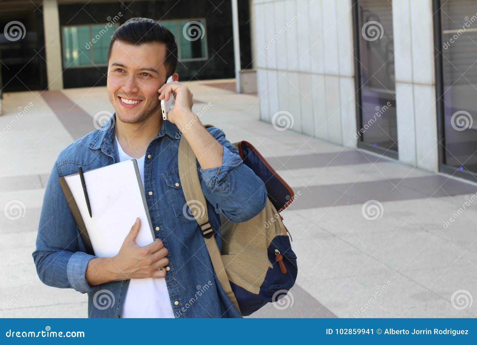Cute Student Calling by Phone on Campus with Copy Space Stock Image ...