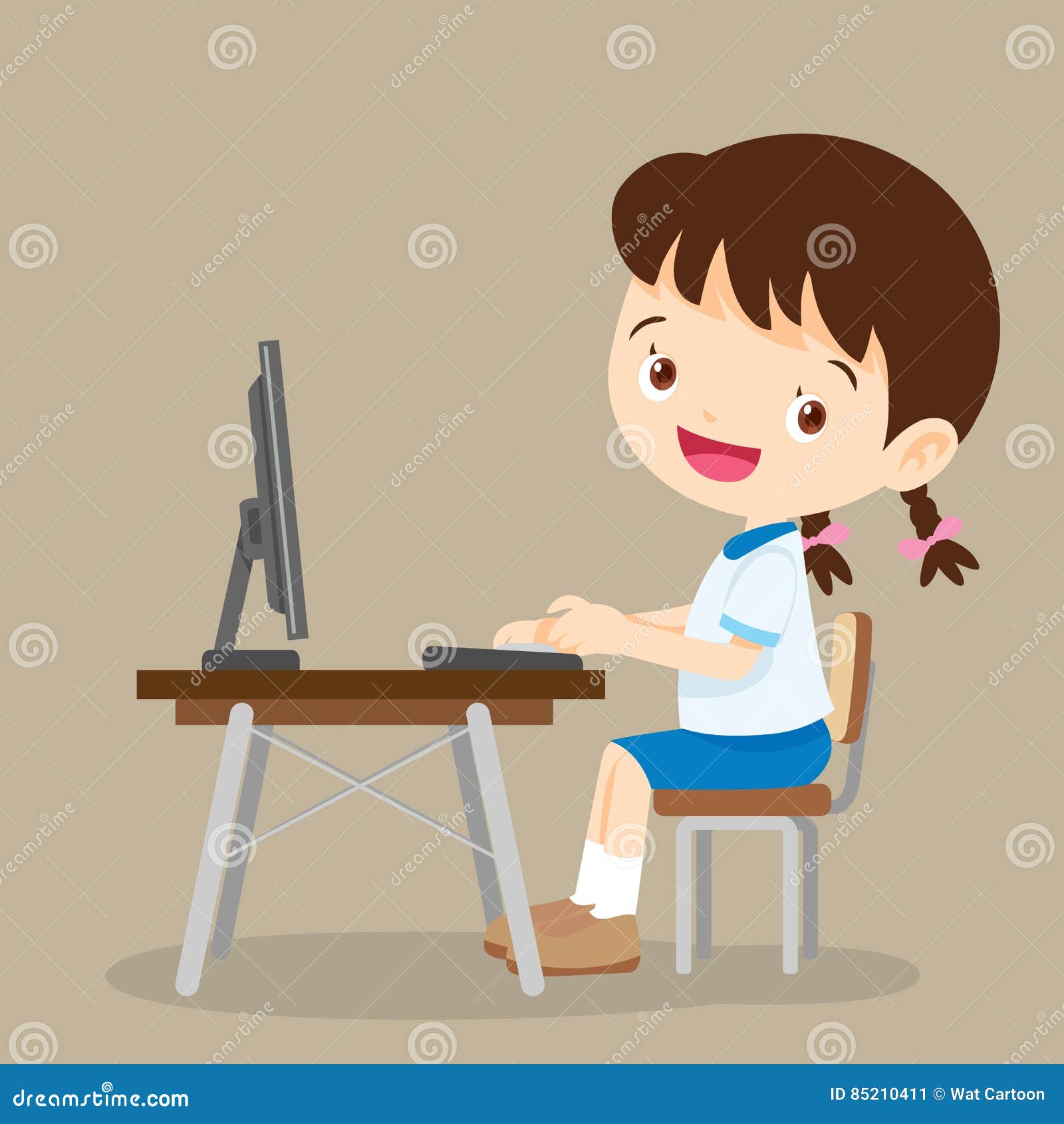 Cute Student Girl Working with Computer Stock Vector - Illustration of ...
