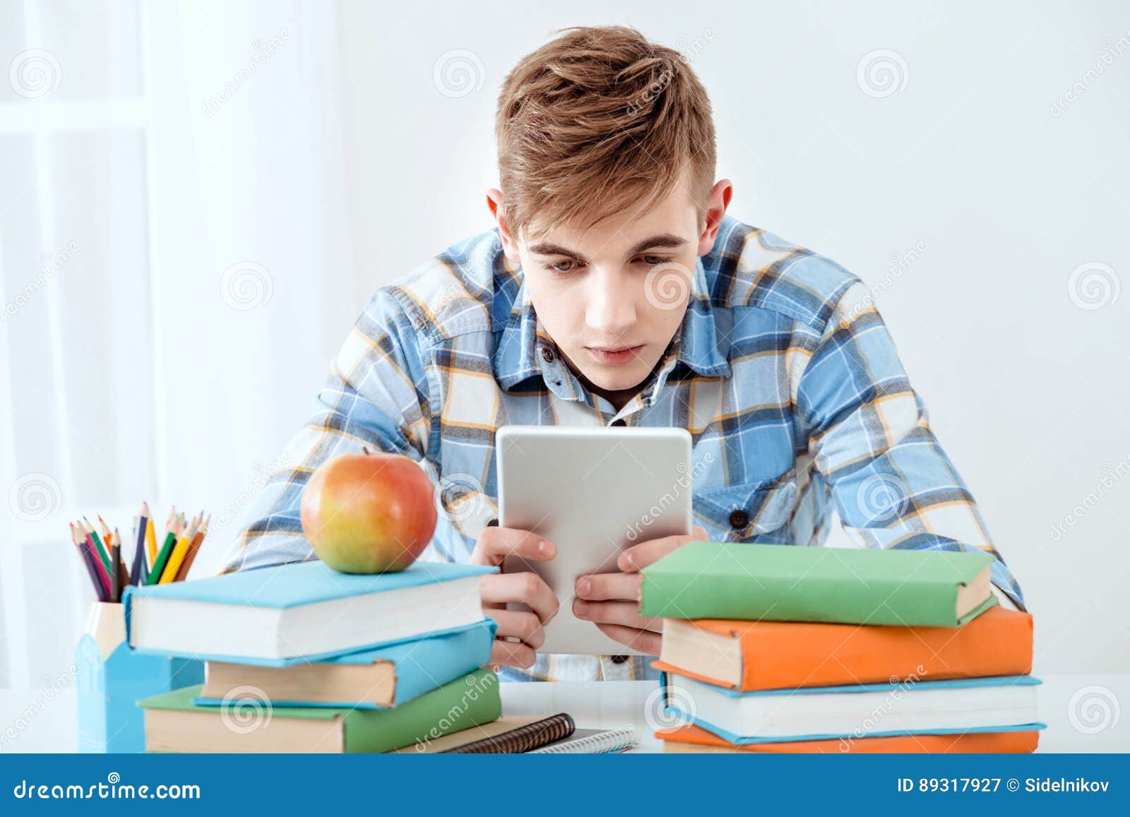Cute Student Using Tablet Computer Stock Image - Image of school ...