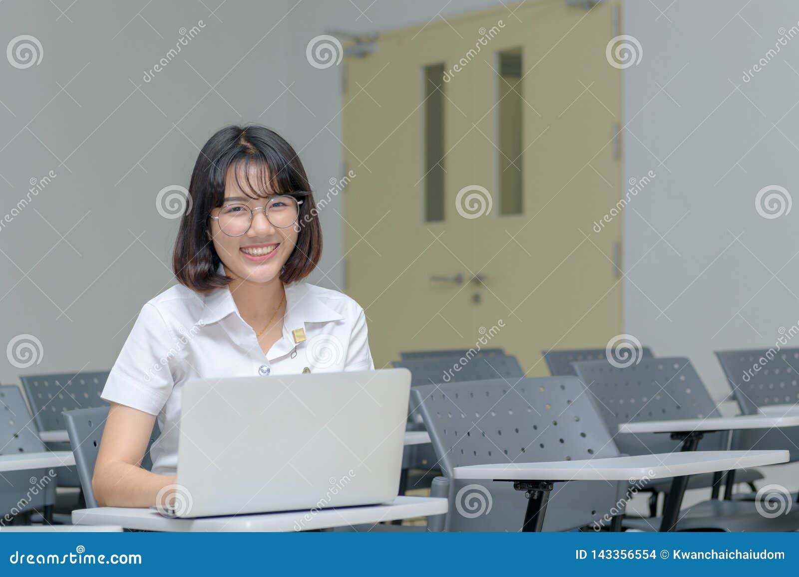 Cute Student Work with Laptop in Classroom Stock Photo - Image of ...