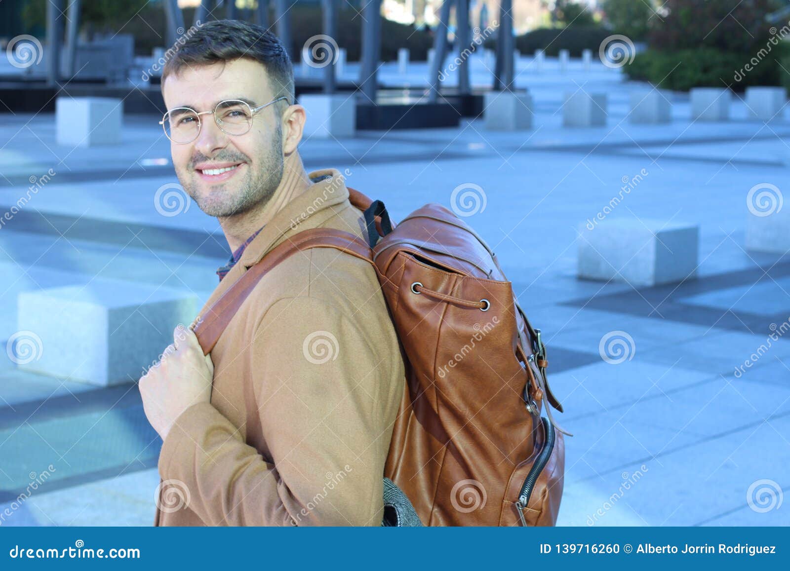 Cute Stylish with Leather Backpack Smiling Stock Photo - Image of ...