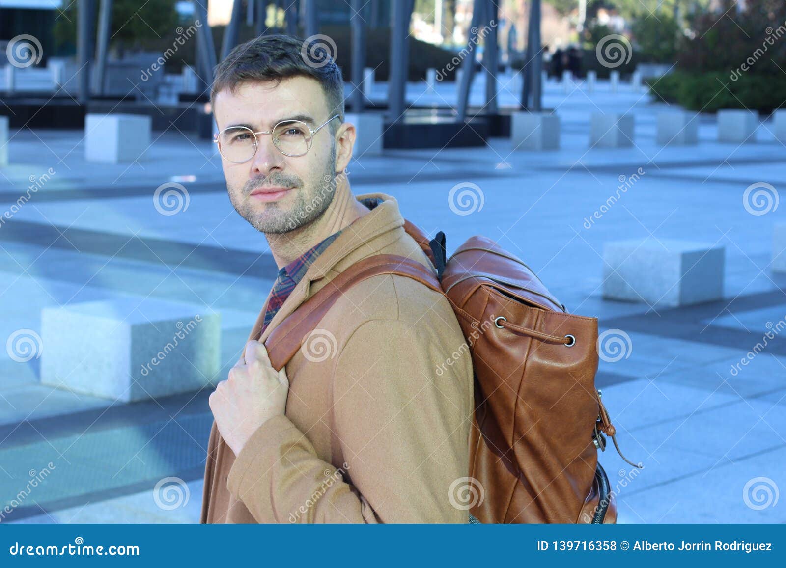 Cute Stylish Man with Leather Backpack Stock Photo - Image of college ...