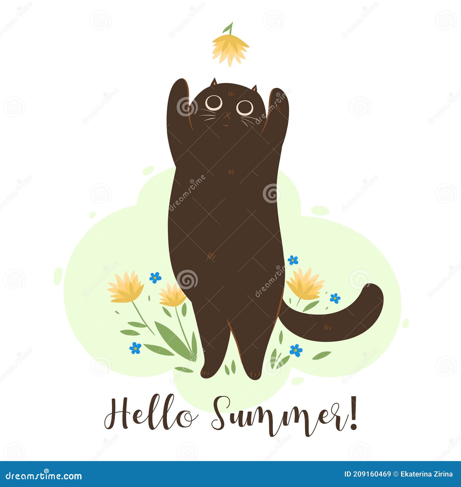 Cute Summer Cat and Flowers. Vector Graphics Stock Vector ...