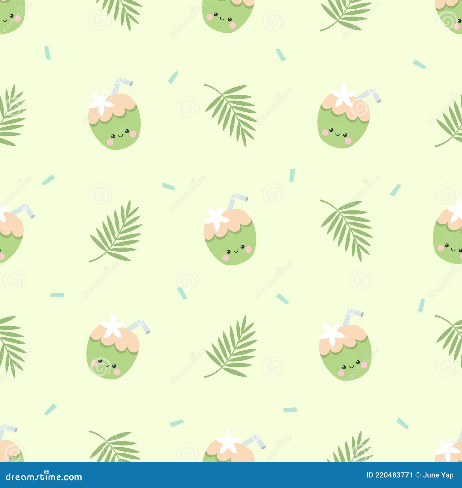 Cute Summer Coconut and Tropical Palm Leaves Seamless Pattern Stock ...