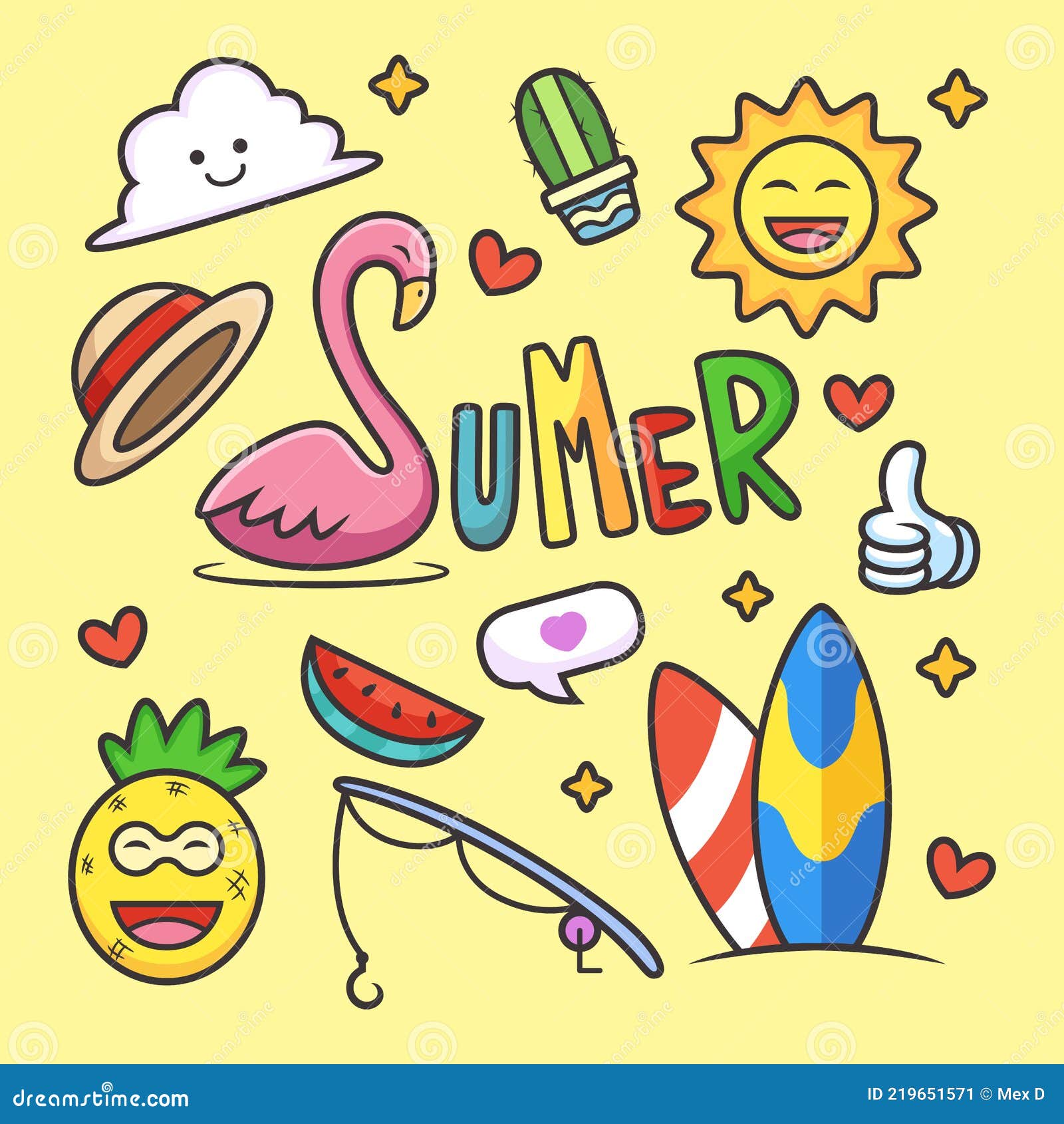 Cute Summer Doodle Cartoon. Vector Icon Illustration, Isolated on ...