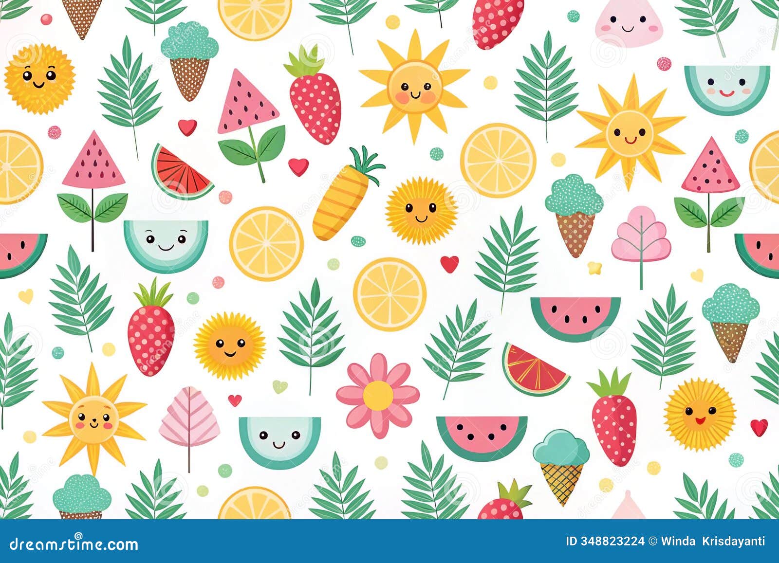 Cute Summer Fruit and Sun Seamless Pattern. (1 Stock Illustration ...