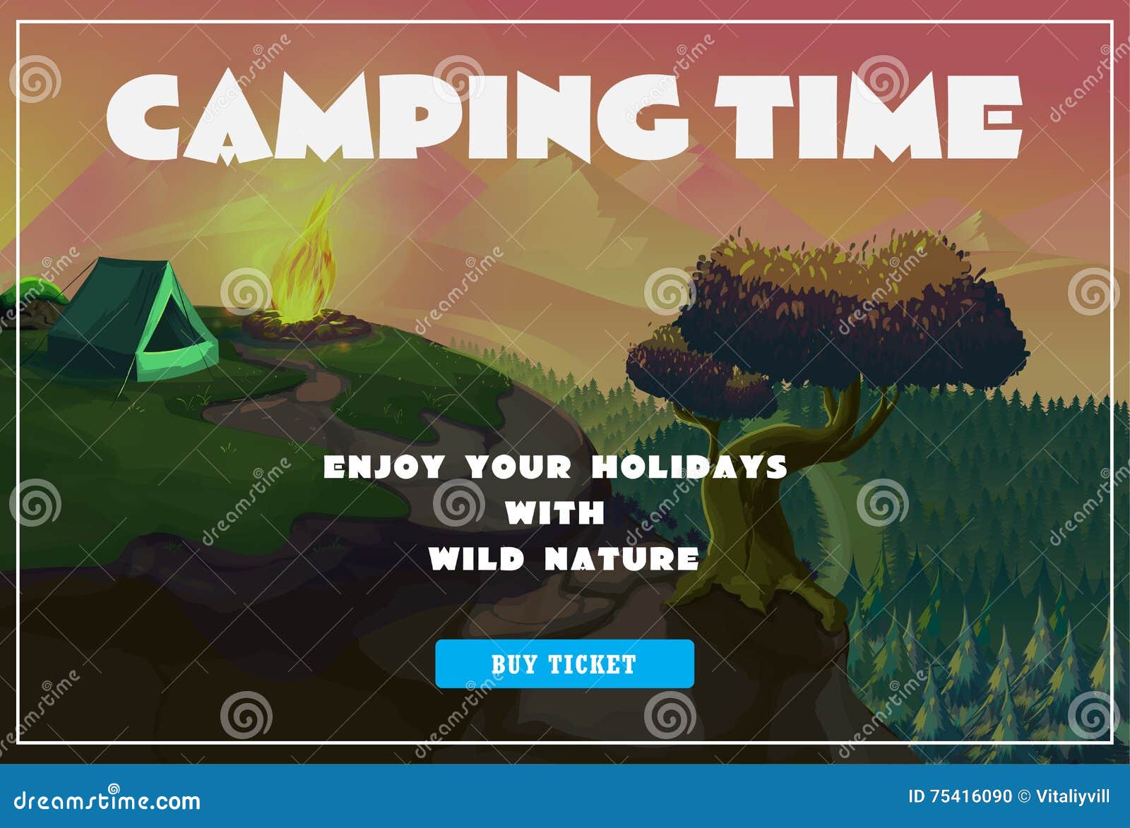 Cute Summer Poster - Camping Landscape with Tent and Bonfire. Vector ...