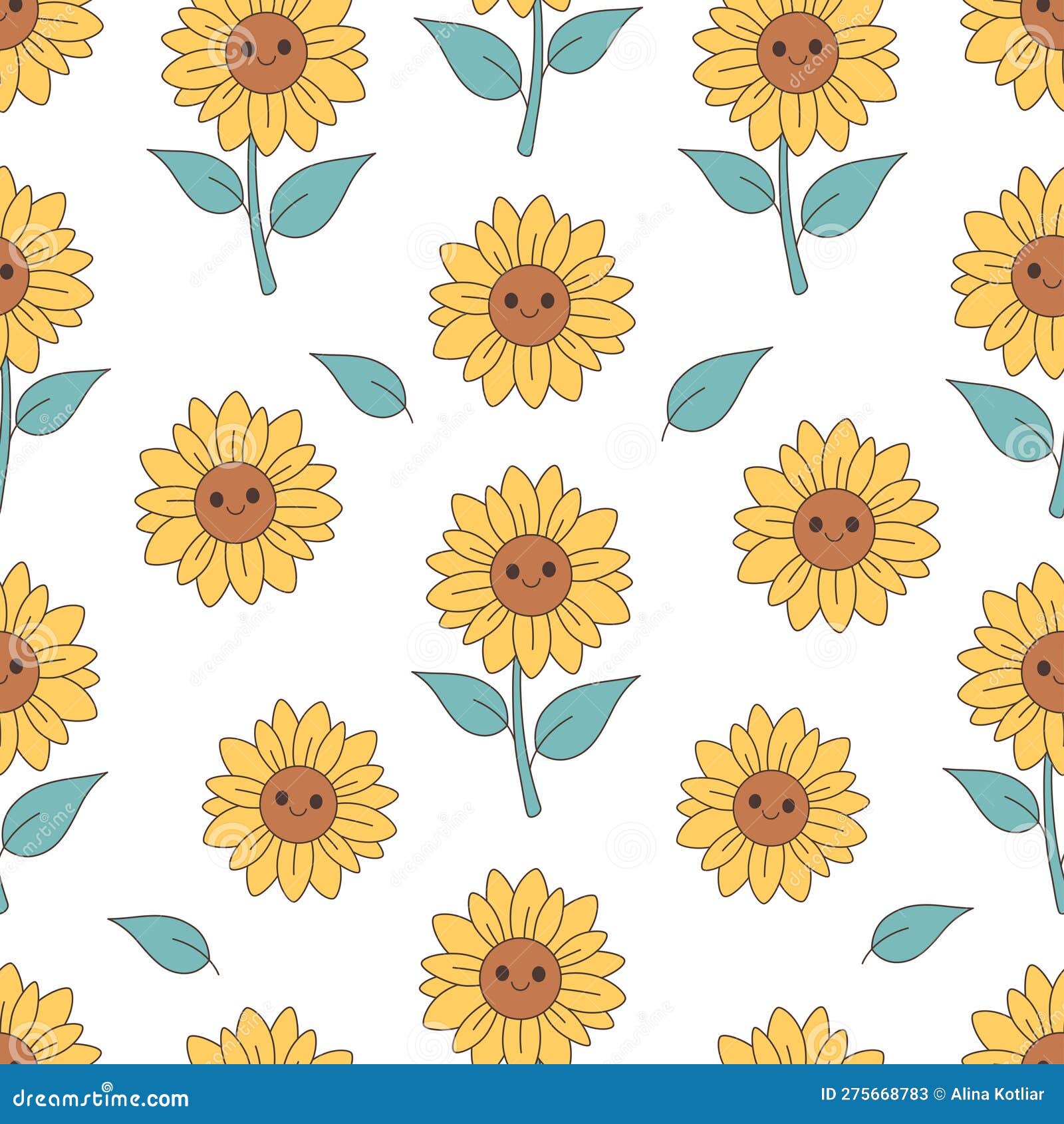 Cute Sunflowers Seamless Pattern Trendy Retro Cartoon Sunflower