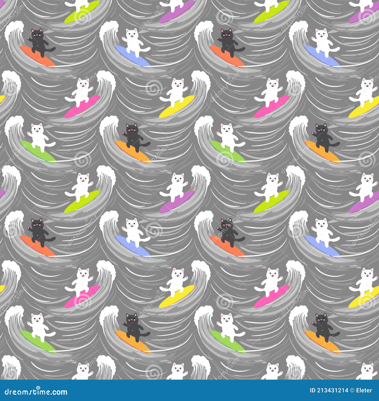Cute Surfer Cats on Big Blue Waves, Seamless Pattern Stock Vector ...