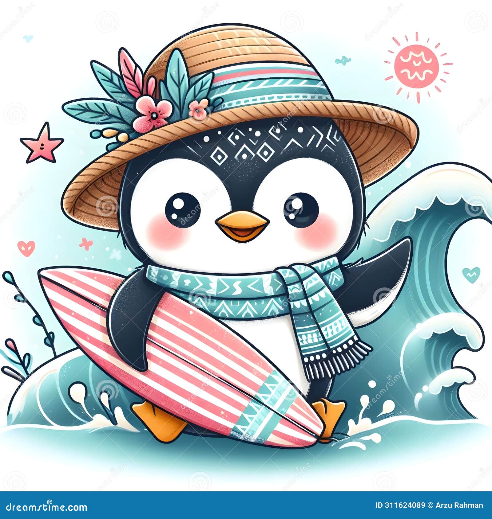Cute Surfing penguin stock illustration. Illustration of bundle - 311624089