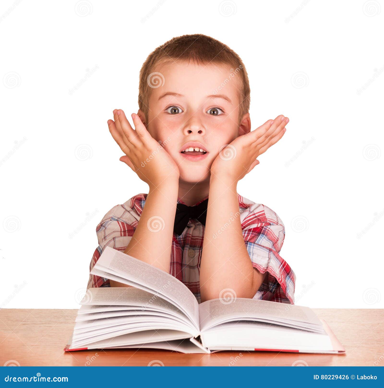 Cute Surprised Boy Sitting at Table on Book, Globe Isolated. Stock ...