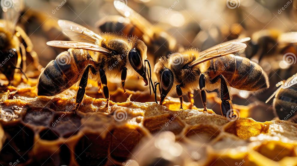 Cute Swarm of Bees Working at Bee Honeycomb Background with Empty Stock ...