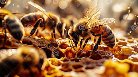 Cute Swarm of Bees Working at Bee Honeycomb Background with Empty Stock ...