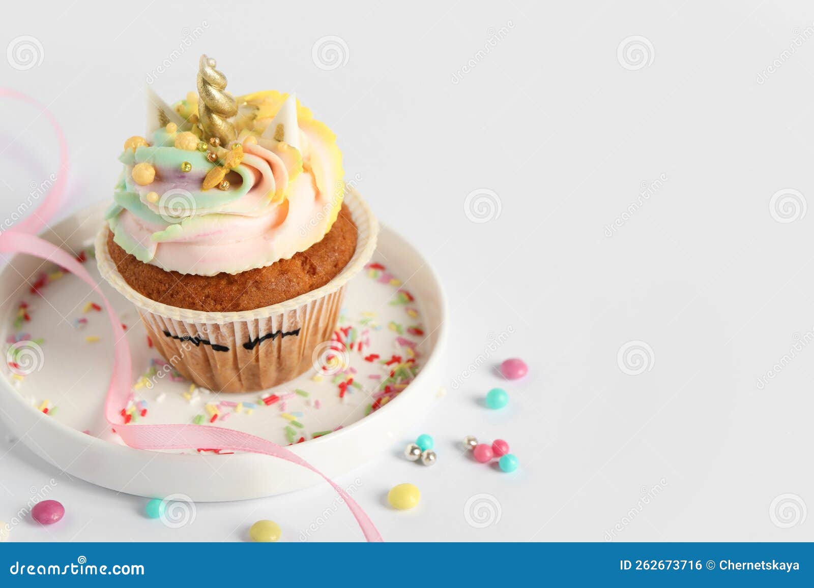 Cute Sweet Unicorn Cupcake on White Table, Space for Text Stock Photo ...