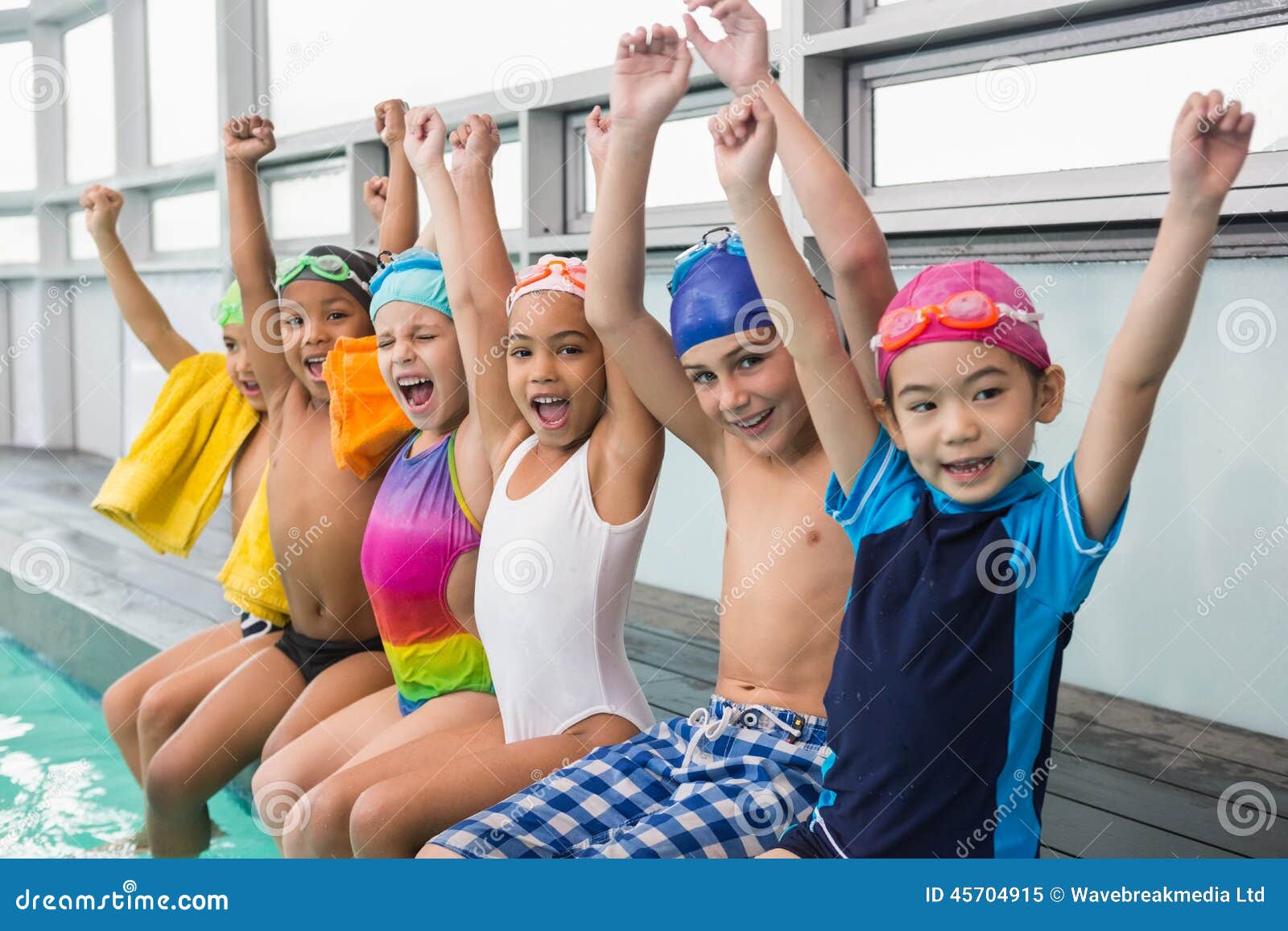 Cute Swimming Class Smiling Poolside Stock Image - Image of swimwear ...