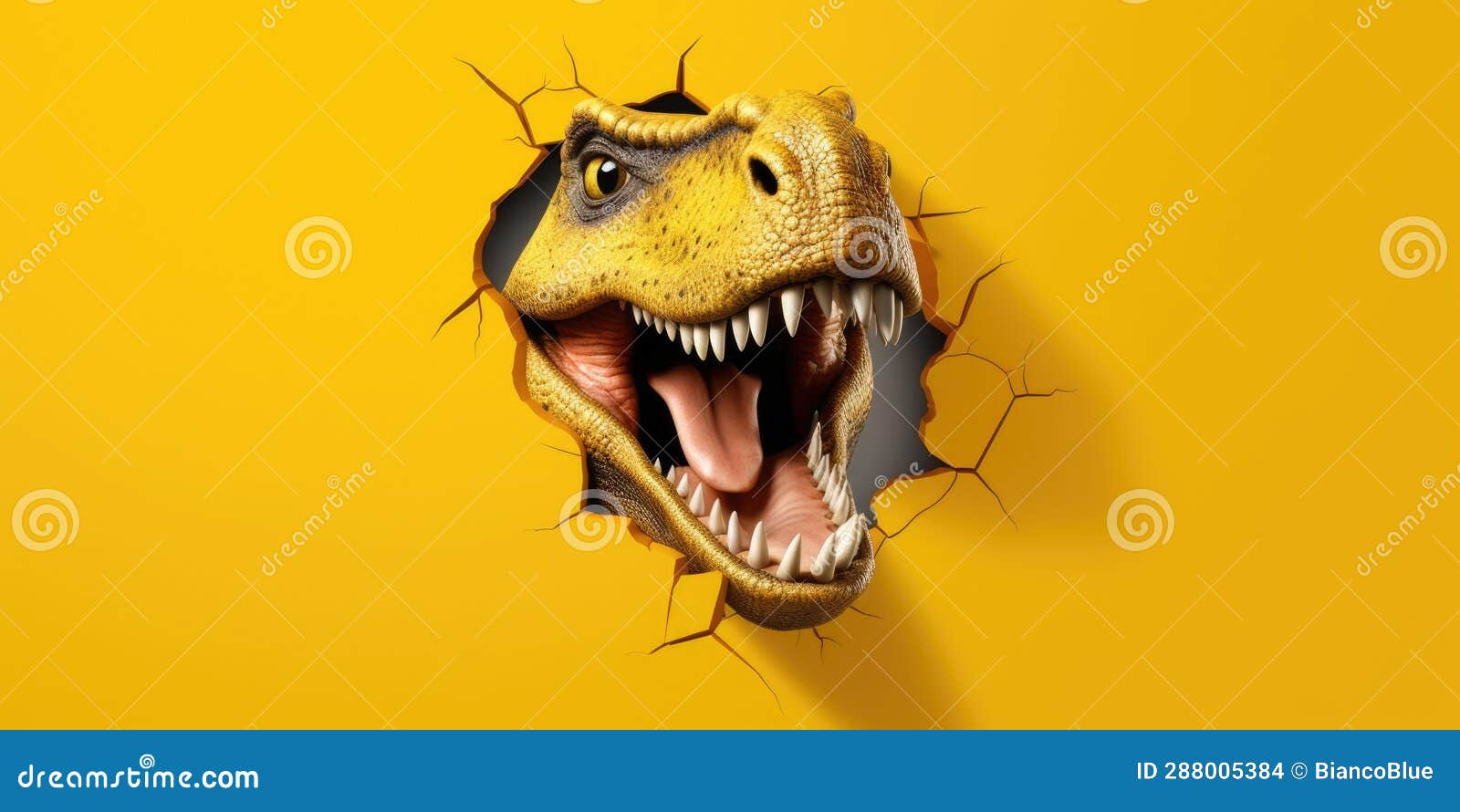 Cute T-Rex Peeking Out of a Hole in Wall, Torn Hole, Empty Copy Space ...