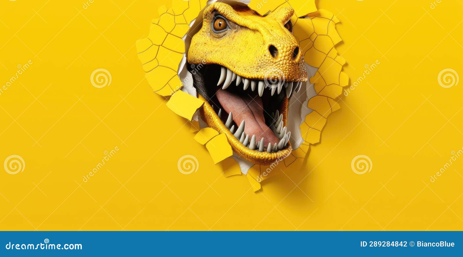 Cute T-Rex Peeking Out of a Hole in Wall, Torn Hole, Empty Copy Space ...