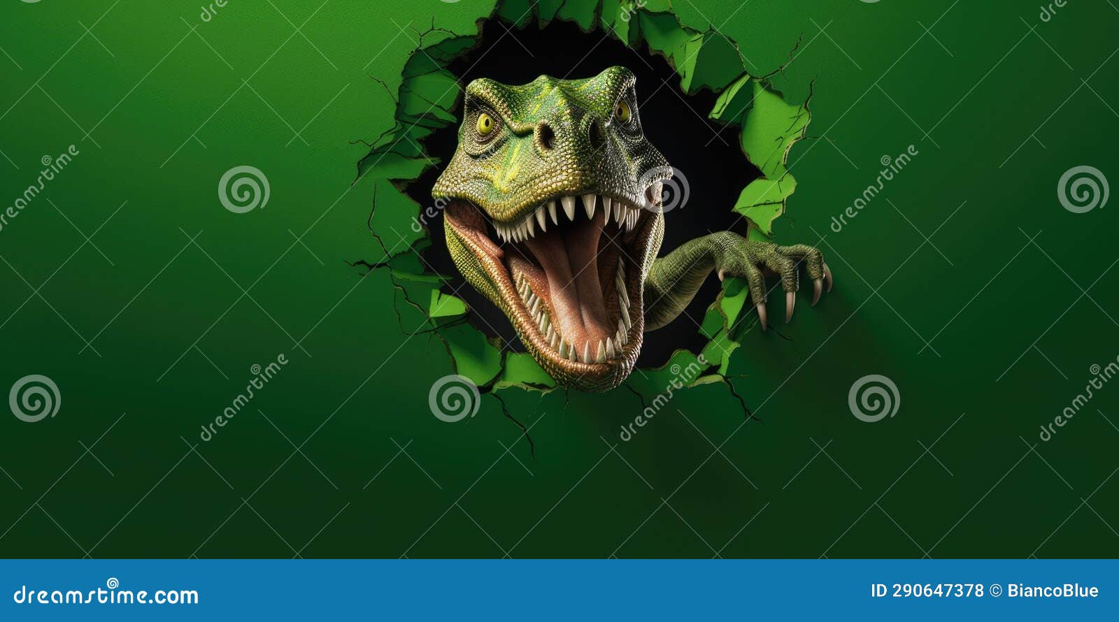 Cute T-Rex Peeking Out of a Hole in Wall, Torn Hole, Empty Copy Space ...