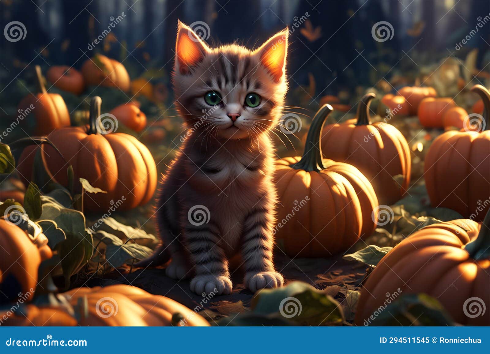 Cute Tabby Kitten Watching Over Cornucopia of Winter Squash in a ...