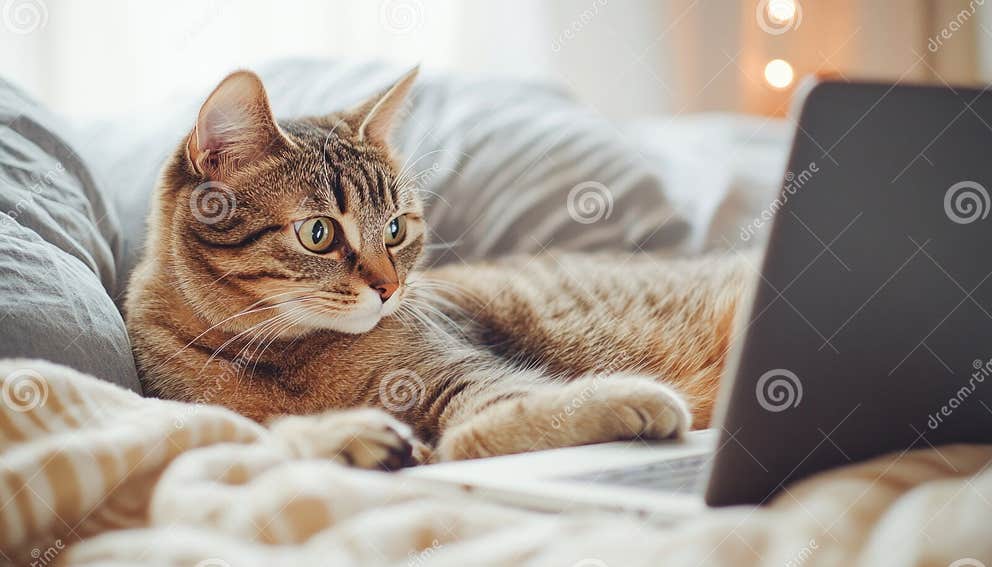 Cute Tabby Cat Using Laptop in Bed Stock Image - Image of lifestyle ...