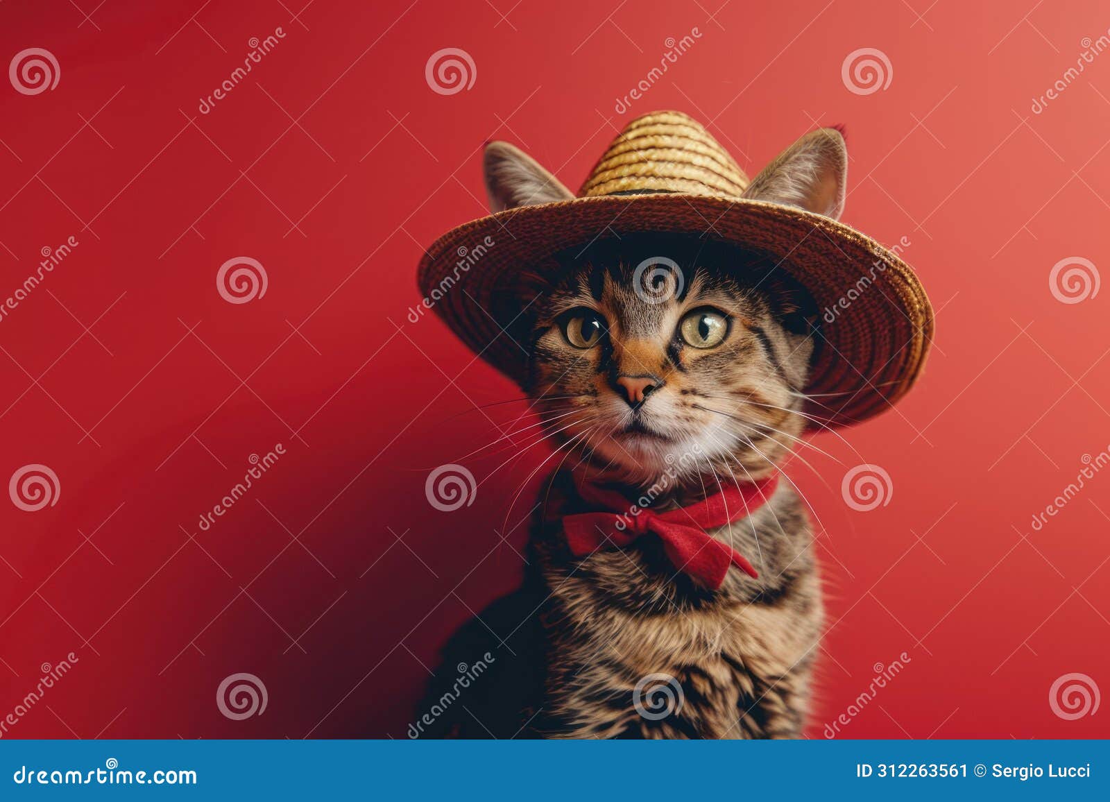 Cute Tabby Cat Wearing a Straw Hat on a Red Background Stock Image ...