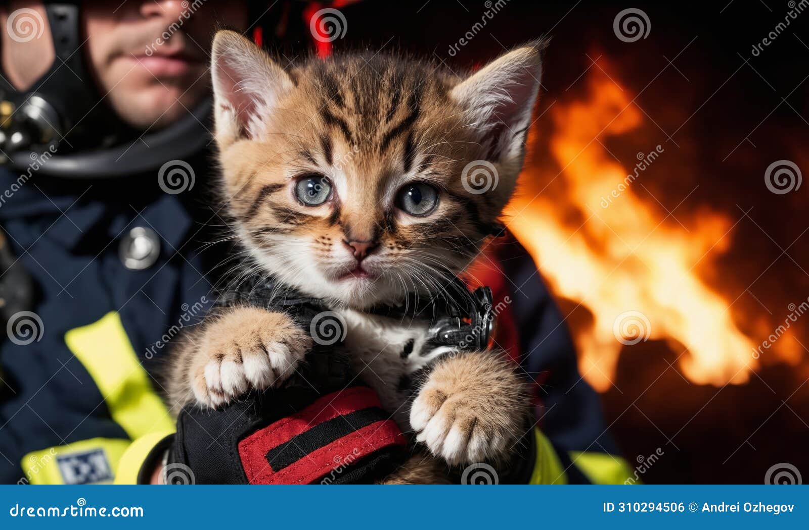 Cute Tabby Kitten in the Hands of a Fireman. Stock Photo - Image of ...