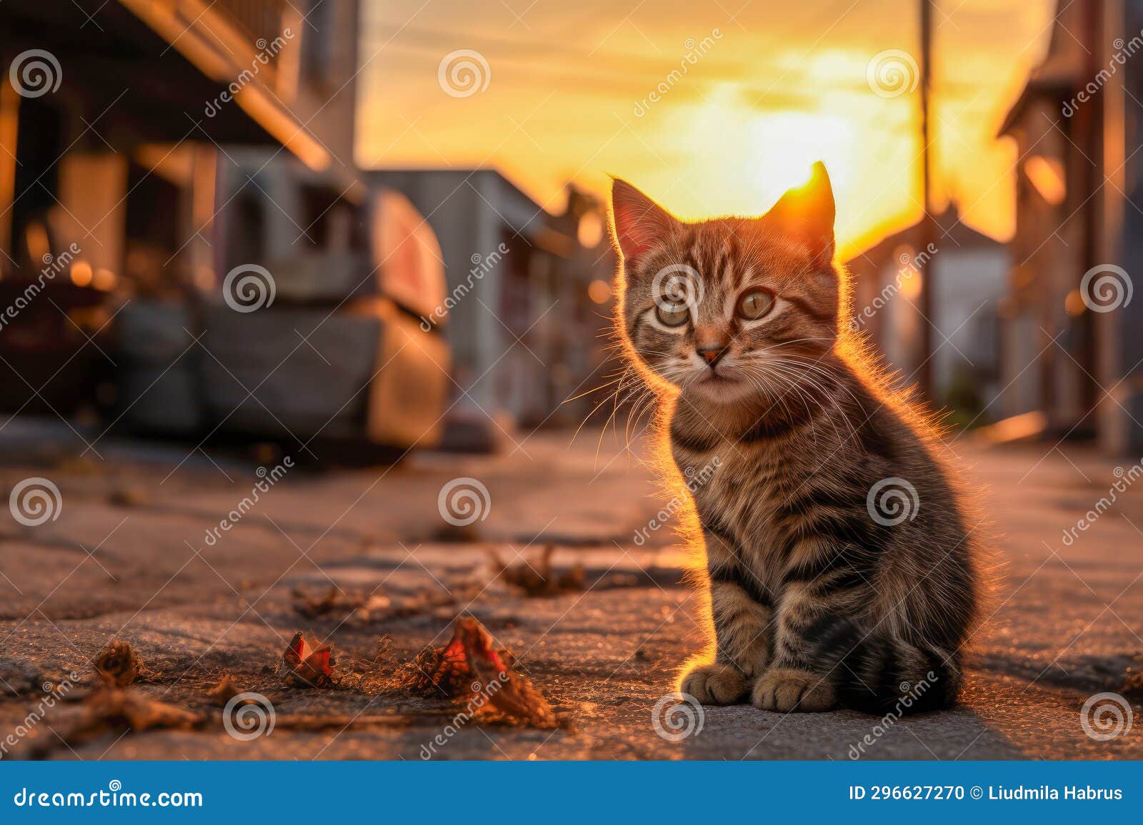 Cute Tabby Kitten Sitting on the Street at Sunset Time. Stock Photo ...