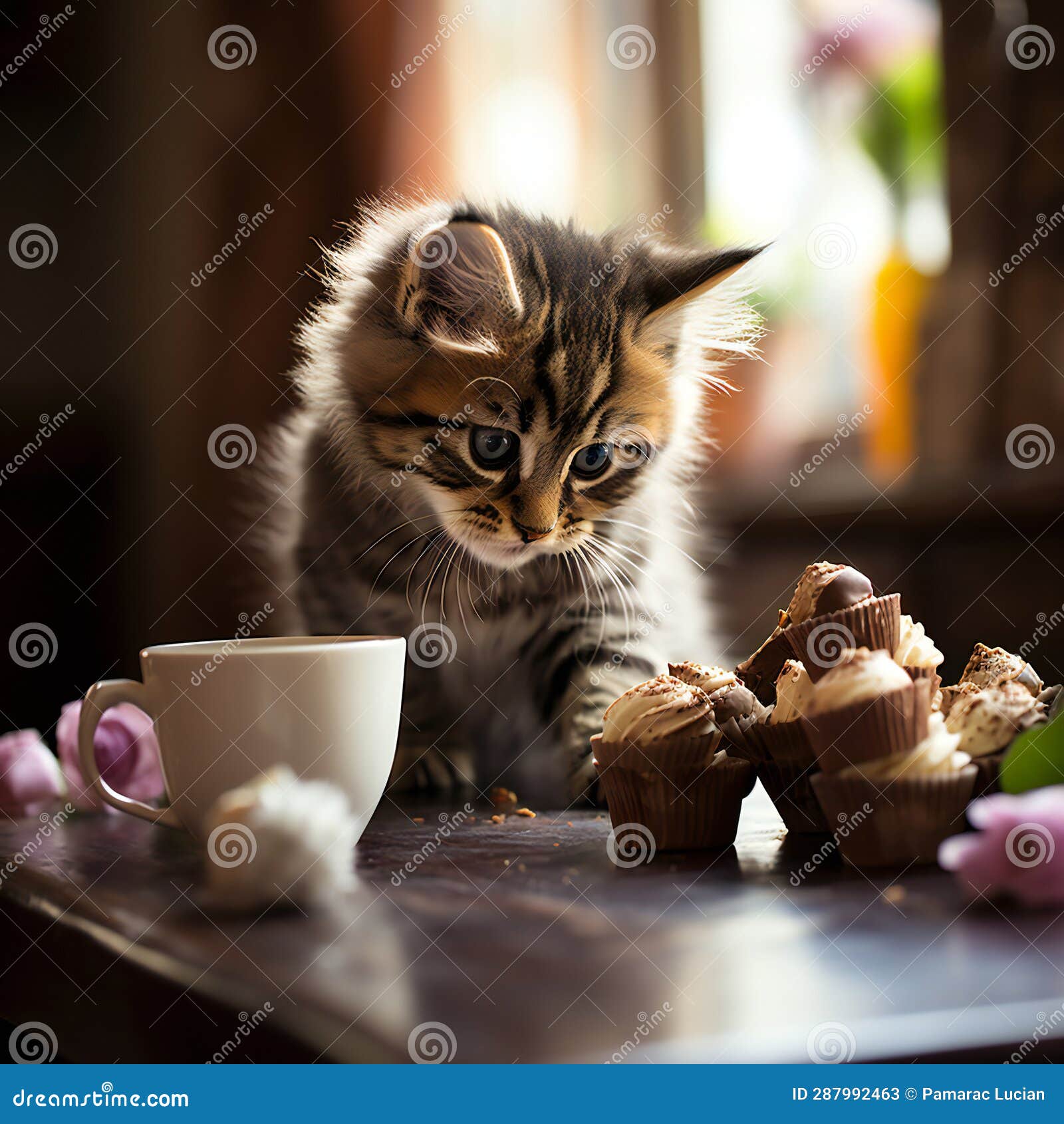 Cute Tabby Maine Coon Kitten with Cup of Coffee and Chocolate Muffins ...