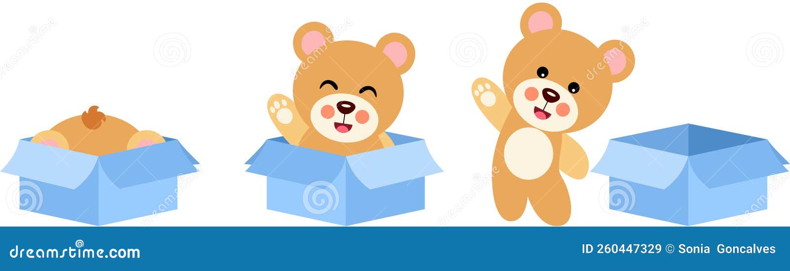 Cute Teddy Bear in Different Positions Going Out a Cardboard Box Stock ...