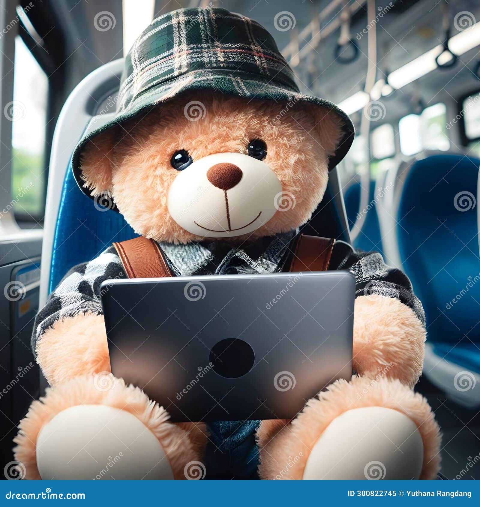 Cute Teddy Bear Holding a Notebook Computer in the Bus. Stock Image ...
