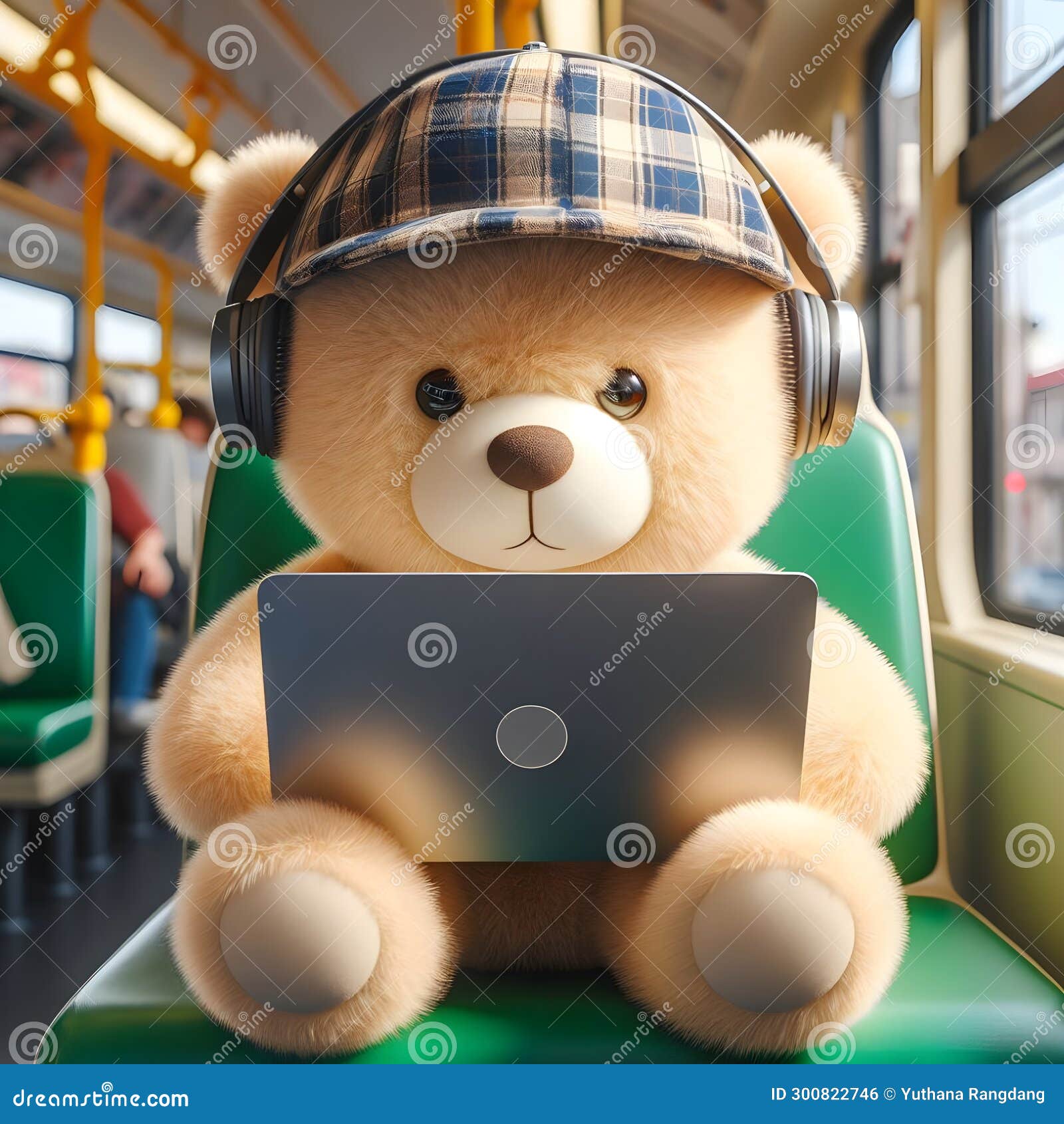 Cute Teddy Bear Holding a Notebook Computer in the Bus. Stock Photo ...