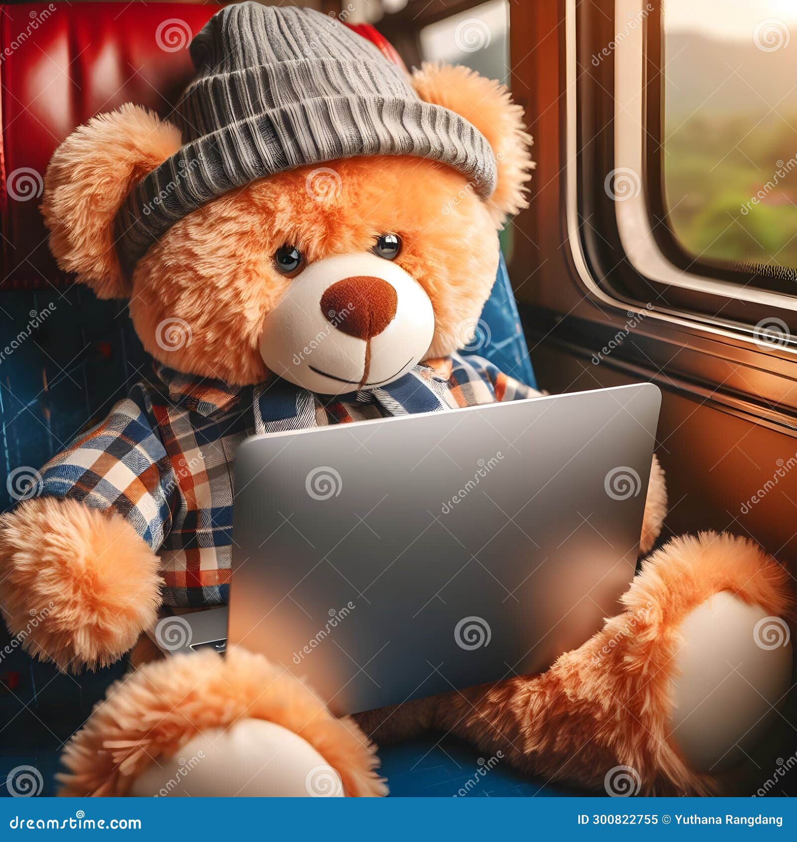 Cute Teddy Bear Holding a Notebook Computer in the Bus. Stock ...