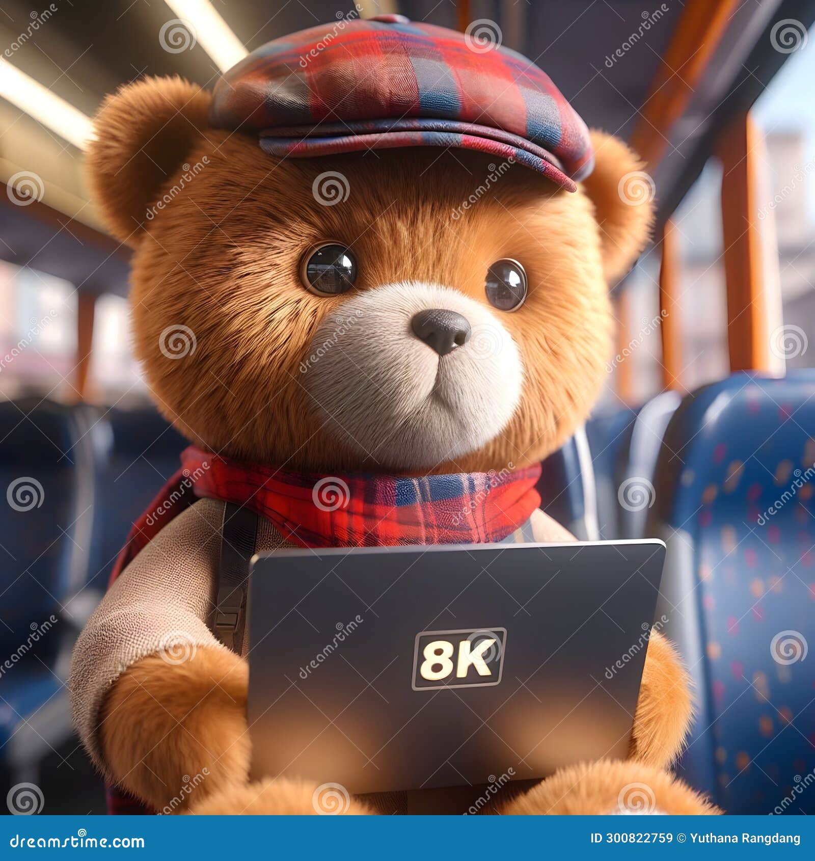 Cute Teddy Bear Holding a Notebook Computer in the Bus. Stock ...