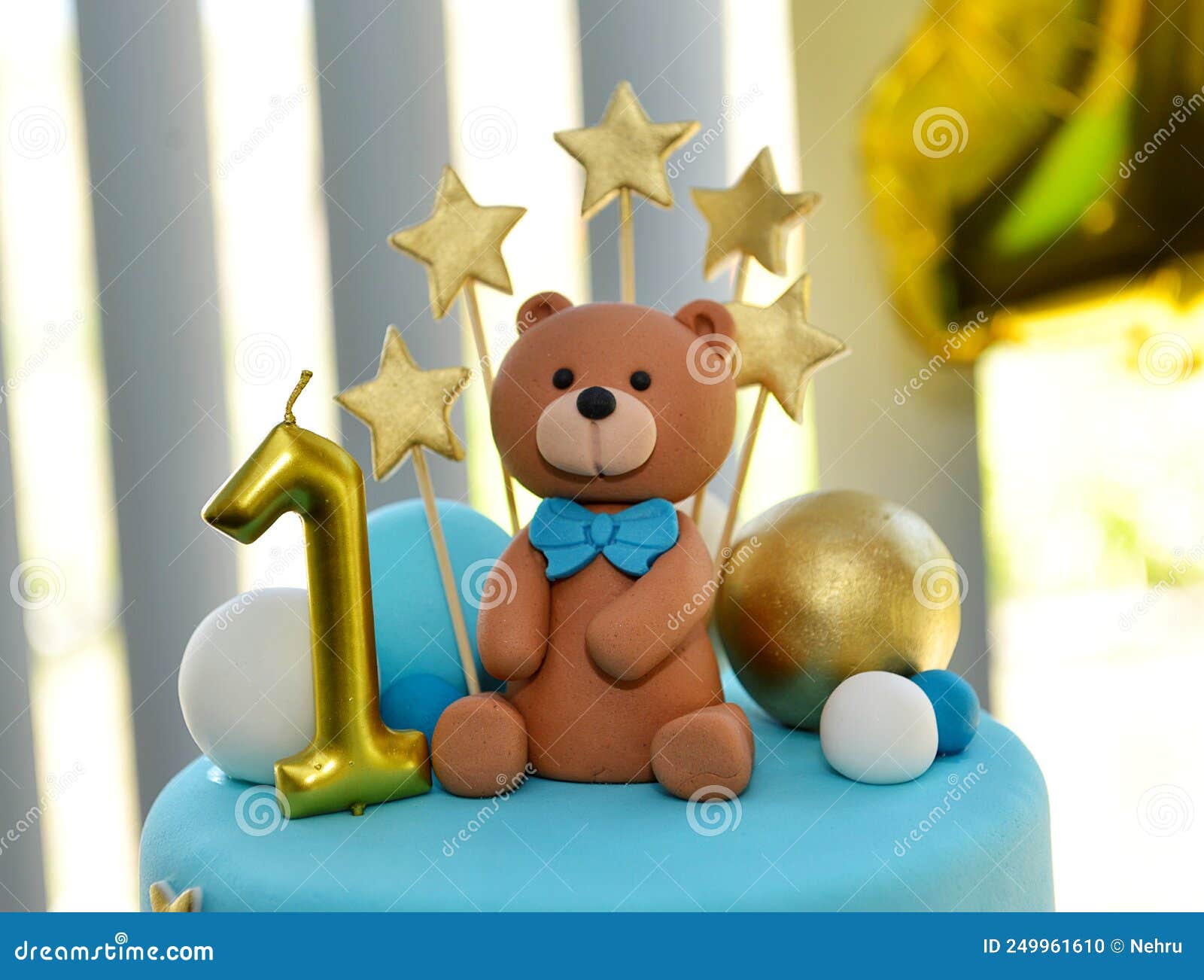 Cute Teddy Bear an Number One Candle on Bithday Cake. Stock Photo ...