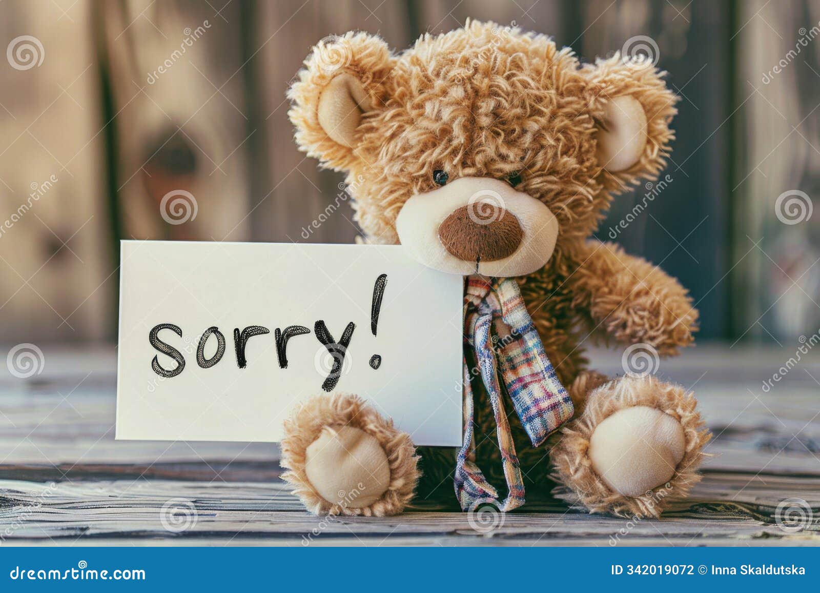 Cute Teddy Bear with a Paper Card. Text "Sorry!" Written on a White ...