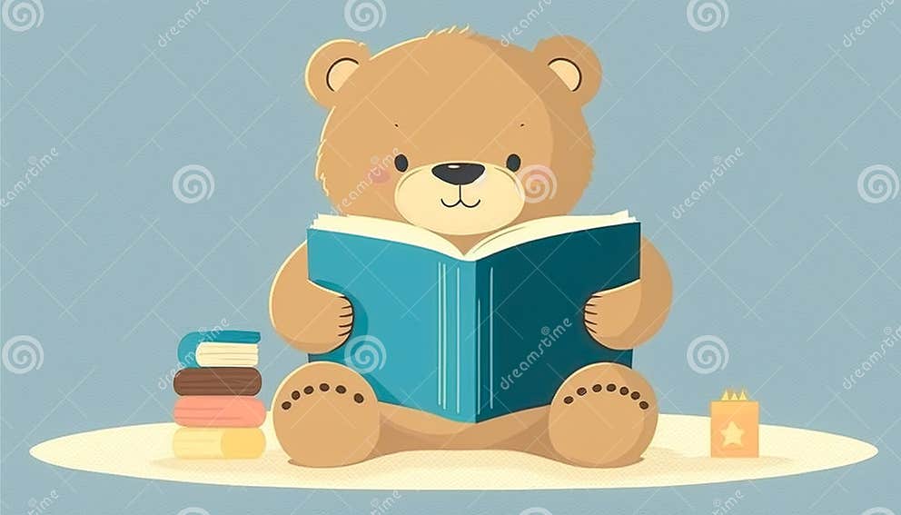 Cute Teddy Bear Reading A Book Generative Ai Stock Illustration
