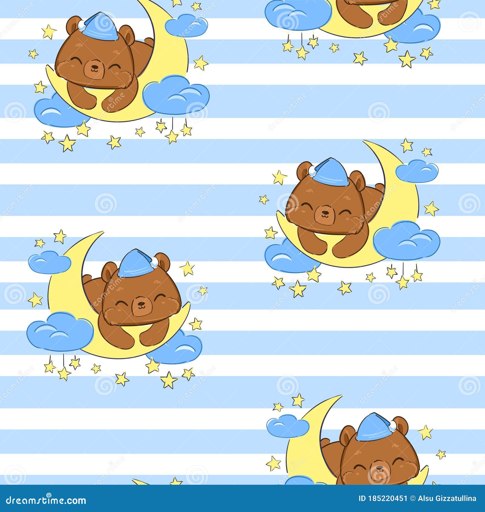 Cute Teddy Bear Sleeps On The Moon Print For Textiles Pattern Seamless