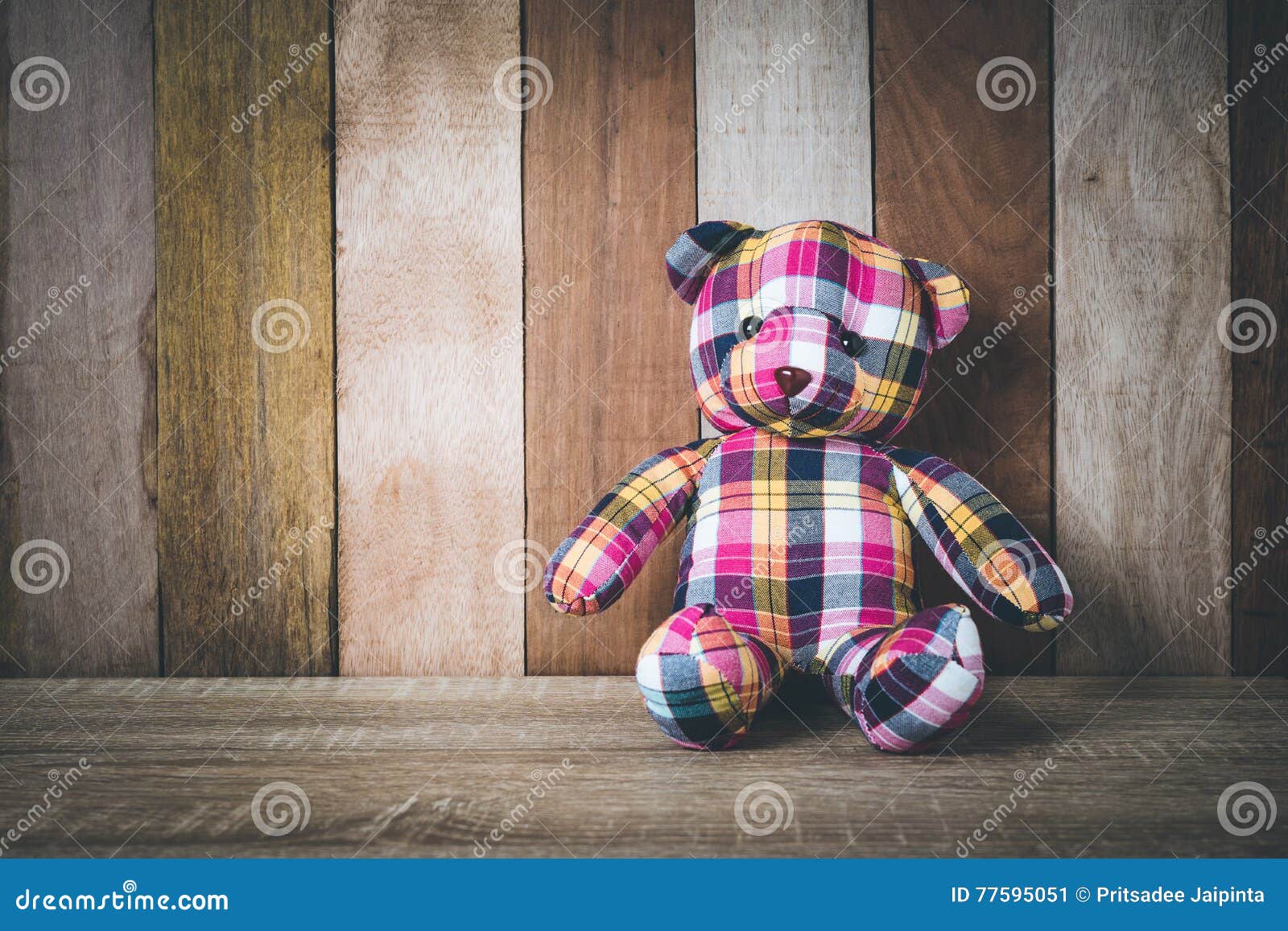 Cute teddy bear on a wood stock image. Image of retro - 77595051