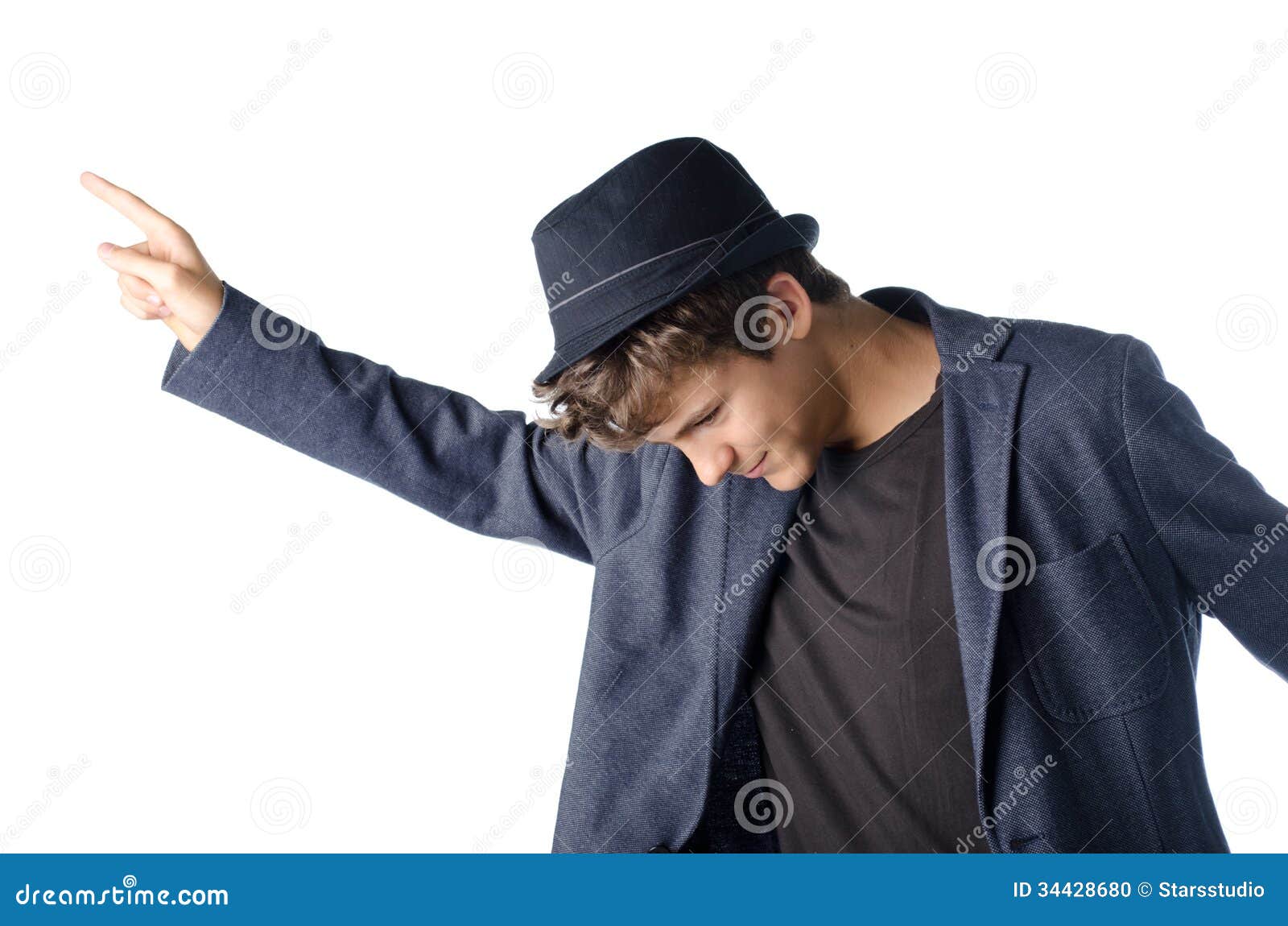 Cute Teenage Boy in Dancing Pose with Hat Stock Photo - Image of shirt ...