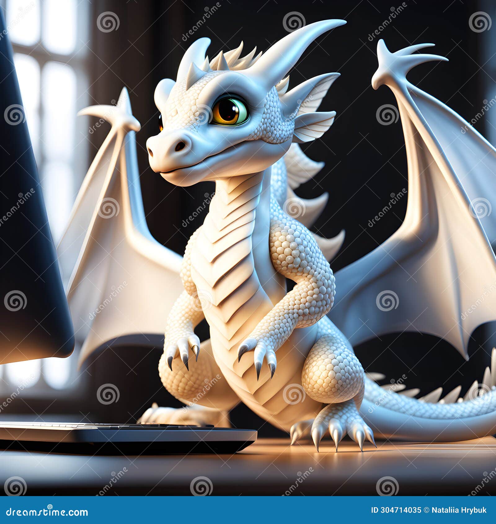 Cute Teenage Dragon is Interestedly Studying on the Computer Stock ...