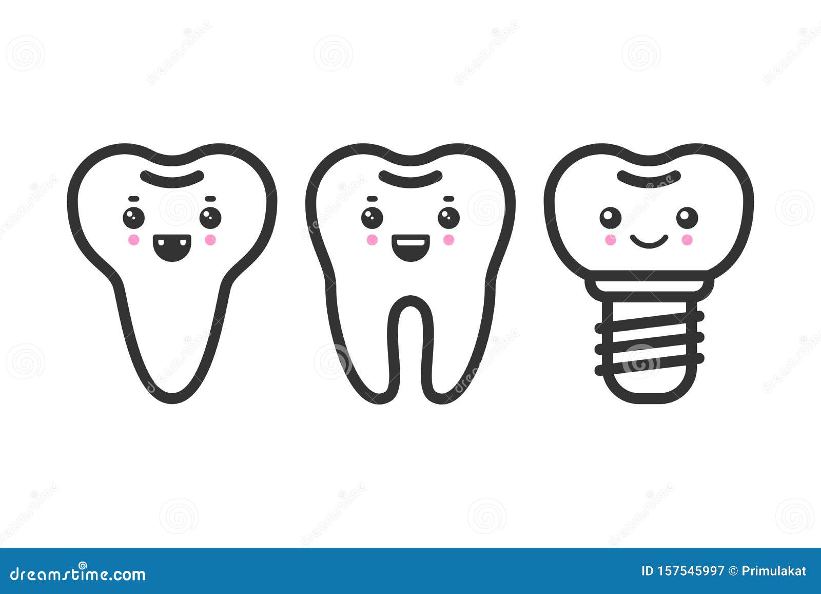 Cute Teeth Outline Vector Set with Different Emotions. Different Tooth ...