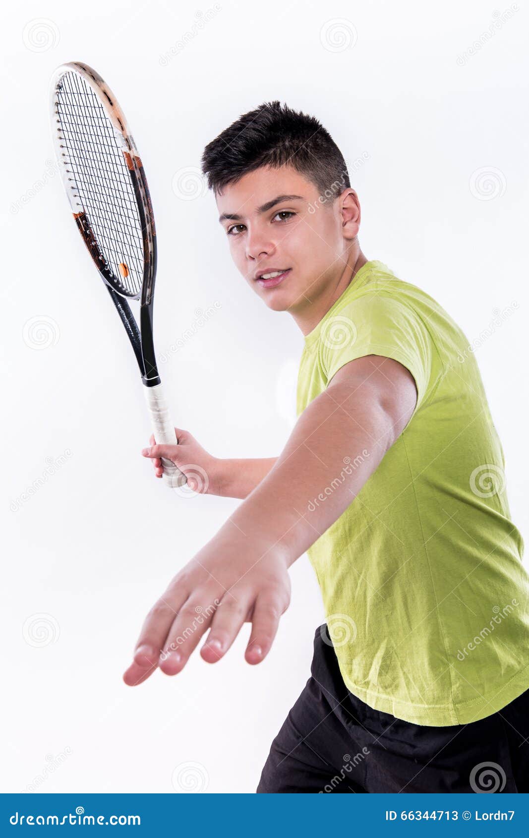 Cute Tennis Boy Swings with Racket Stock Image - Image of happy, health ...