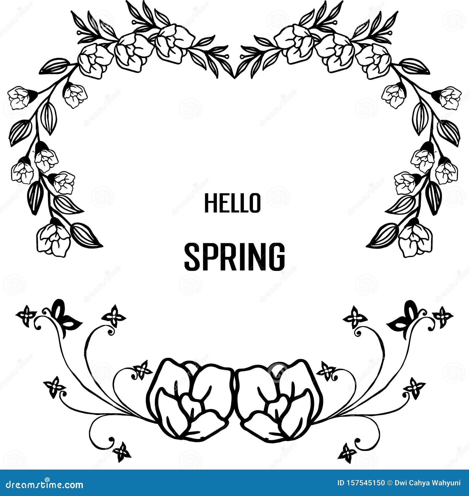 Cute Text of Hello Spring, with Leaves and Floral Frame Background ...