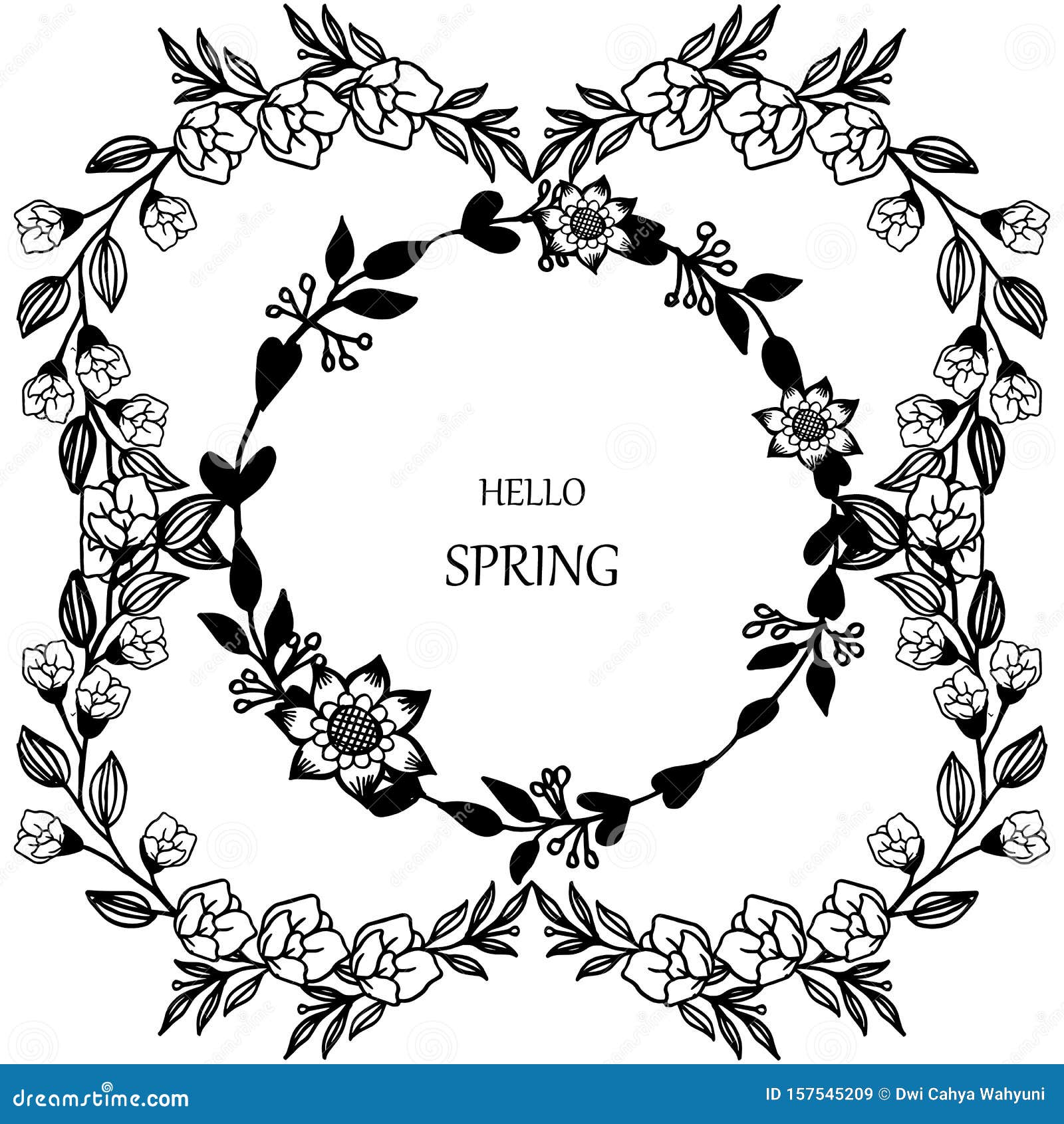 Cute Text of Hello Spring, with Leaves and Floral Frame Background ...