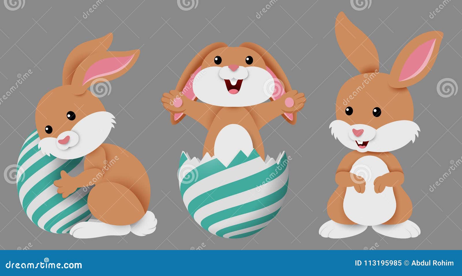 Cute Three Little Bunnies with Decorated Easter Eggs on a Gray ...