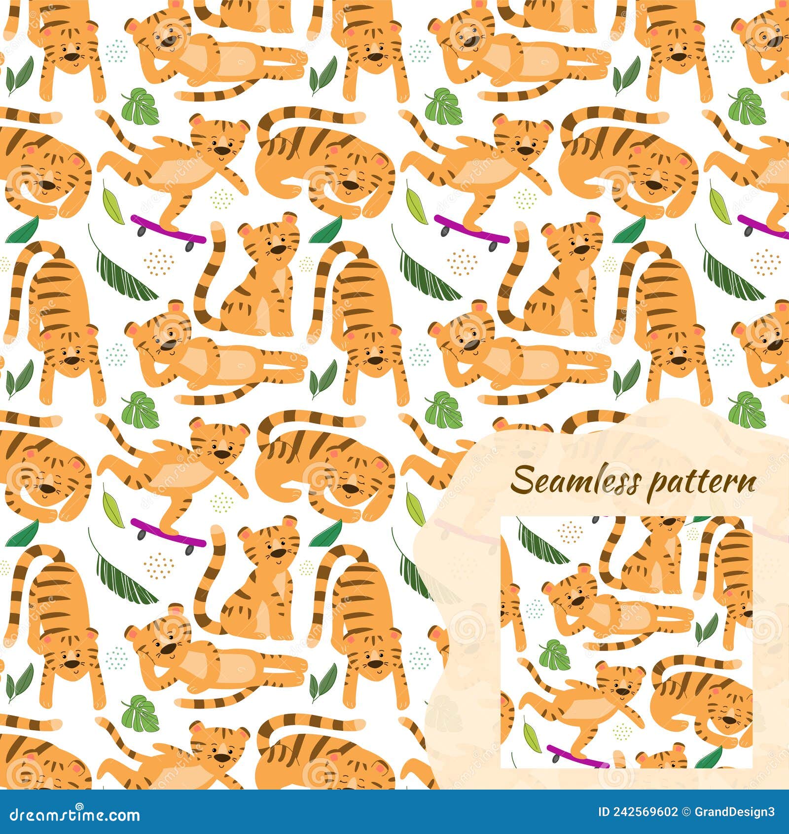 Cute Tiger. Animal Seamless Pattern Stock Vector - Illustration of cute ...