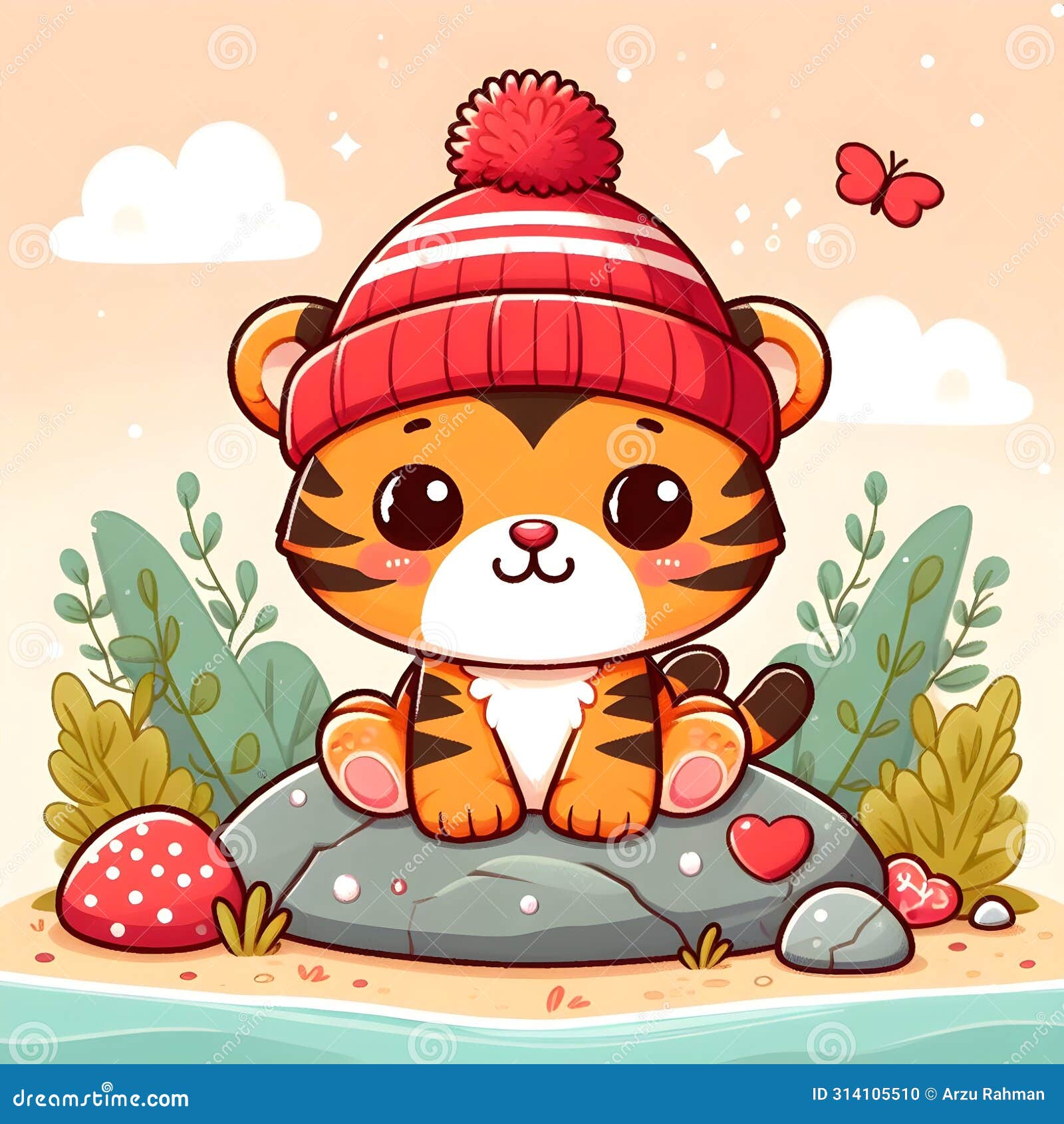 Cute Tiger Cartoon with Red Hat Stock Illustration - Illustration of ...